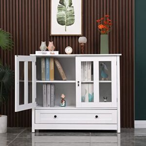 Large Buffet Cabinet for Living Room Kitchen, White Storage Sideboard with Glass Doors and Drawer, Credenza Console Table for Dining Room Entryway, Wooden Serve Cupboard Pantry Cabinet with Shelves