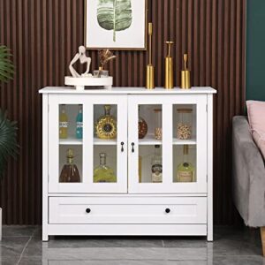 Large Buffet Cabinet for Living Room Kitchen, White Storage Sideboard with Glass Doors and Drawer, Credenza Console Table for Dining Room Entryway, Wooden Serve Cupboard Pantry Cabinet with Shelves