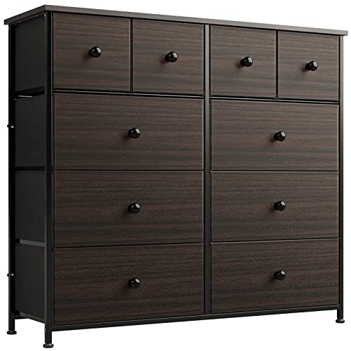 REAHOME 10 Drawer Dresser for Bedroom Faux Leather Chest of Drawers Fabric Dresser with Wooden Top Storage Organizer Unit for Living Room Hallway Entryway Closets (Rustic Brown)