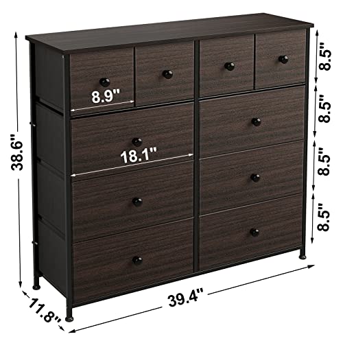 REAHOME 10 Drawer Dresser for Bedroom Faux Leather Chest of Drawers Fabric Dresser with Wooden Top Storage Organizer Unit for Living Room Hallway Entryway Closets (Rustic Brown)