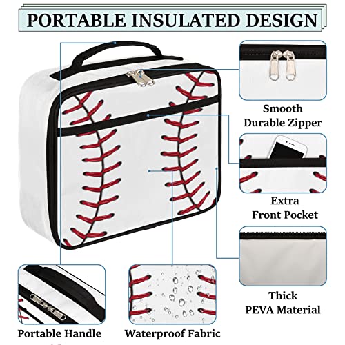 Sport Baseball Kids Lunch Bag Insulated Lunch Box Baseball Lace Print Leakproof Thermal Lunchbox Back to School Lunch Bag for Boys Girls Teens Reusable Lunch Cooler Bag for Work Picnic Outdoor