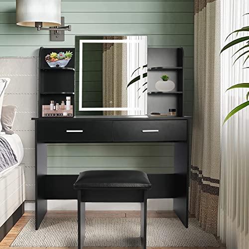 AKVOMBI Makeup Vanity with Lights, 55.9 Inches Makeup Desk with Drawers & 6 Storage Shelves, Padded Stool, Black