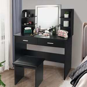 AKVOMBI Makeup Vanity with Lights, 55.9 Inches Makeup Desk with Drawers & 6 Storage Shelves, Padded Stool, Black