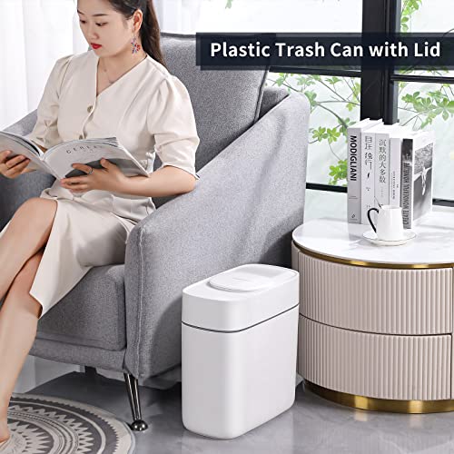 JUDRDO Bathroom Trash Can with Lid, Plastic Garbage Bin for Bedroom, Small Wastebasket with Soft Close Lid, Dog Proof Trash Bin 14L for Office, Toilet, Narrow Place