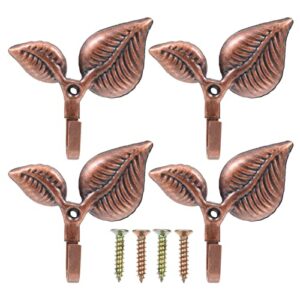 magiclulu 4pcs metal leaf shaped single wall hooks vintage iron coat hooks rustic wall- mounted coat hangers for home scarf bag towel key cap hat copper