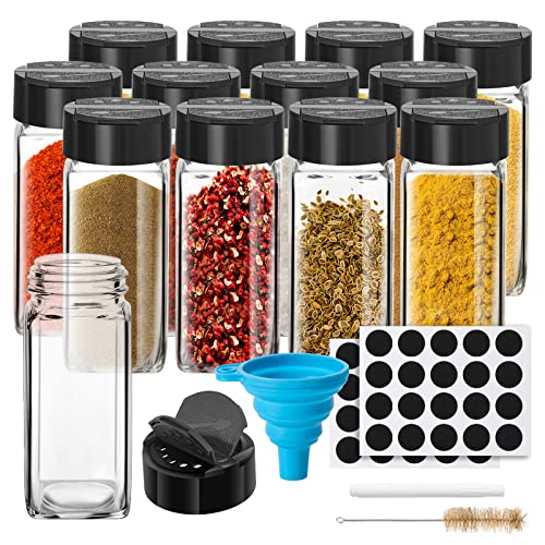 12 Pack Glass Spice Jars with Labels, 4oz Spices Containers Spice Jars with Black Shaker Lids, Empty Containers for Spice, Silicone Funnel and Pen Included