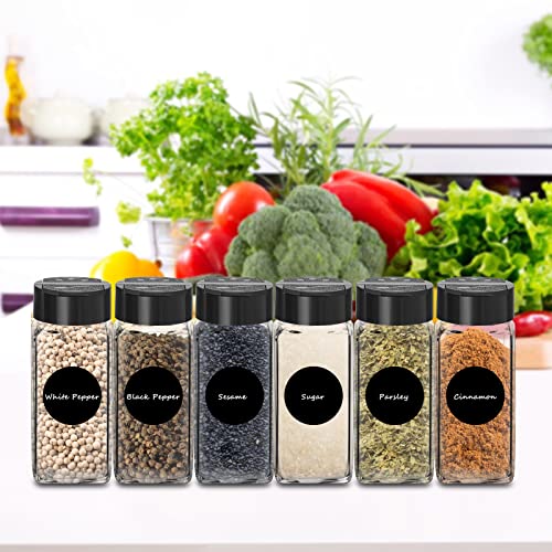 12 Pack Glass Spice Jars with Labels, 4oz Spices Containers Spice Jars with Black Shaker Lids, Empty Containers for Spice, Silicone Funnel and Pen Included