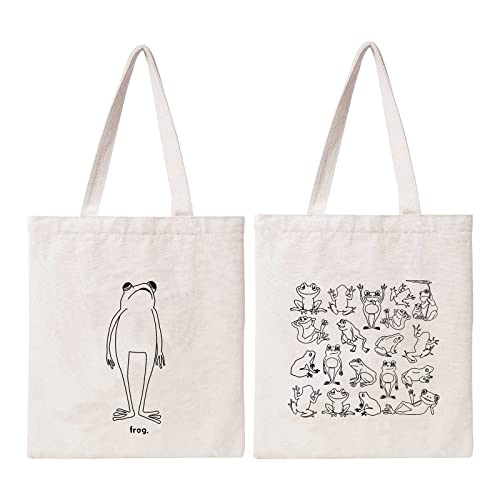 THEYGE Frog Tote Bag Cute Canvas Bag Aesthetic Funny Tote Bag For Women Frogs Tote Handbag Cotton Grocery Shopping Bag Beach Shoulder Bag