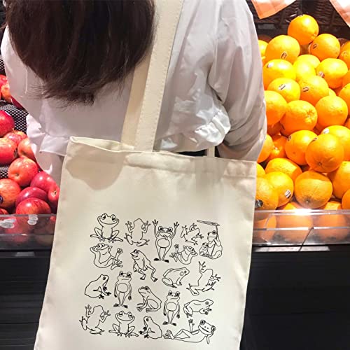 THEYGE Frog Tote Bag Cute Canvas Bag Aesthetic Funny Tote Bag For Women Frogs Tote Handbag Cotton Grocery Shopping Bag Beach Shoulder Bag