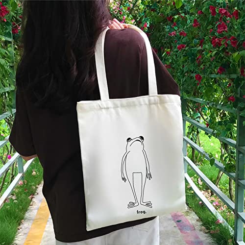 THEYGE Frog Tote Bag Cute Canvas Bag Aesthetic Funny Tote Bag For Women Frogs Tote Handbag Cotton Grocery Shopping Bag Beach Shoulder Bag