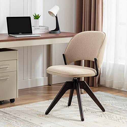 PSNL Mid-Century Modern Swivel Accent Chair Comfortable Home Office Computer Desk Chair No Wheels for Living Room with Breathable Fabric Upholstered Wood Legs (Armless, Beige)