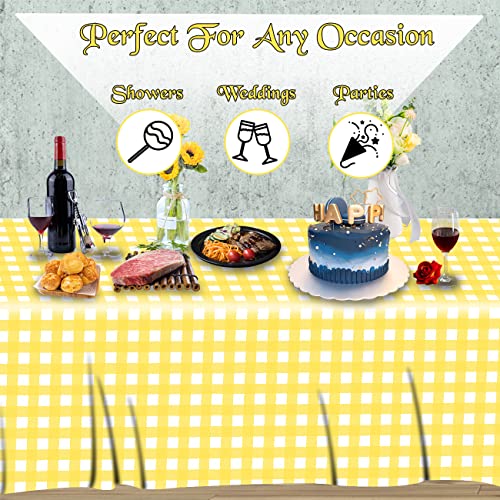 HEIPINIUYE 3 Pack White and Yellow Checkered Tablecloth 54 X108 Waterproof Disposable Gingham Table Cover Rectangle Plastic Table Cloths for Party Birthday Camping Wedding Picnic Baby Shower