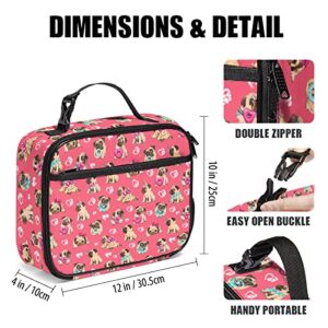 IVENHLYS Dog Lunch Box, Cute Pugs Insulated Lunch Bag Leakproof Durable Reusable Adult Tote Bag with Pocket, Cooler Lunch Box for Women Men Dog Lover Kid Pink Ideal Gift…