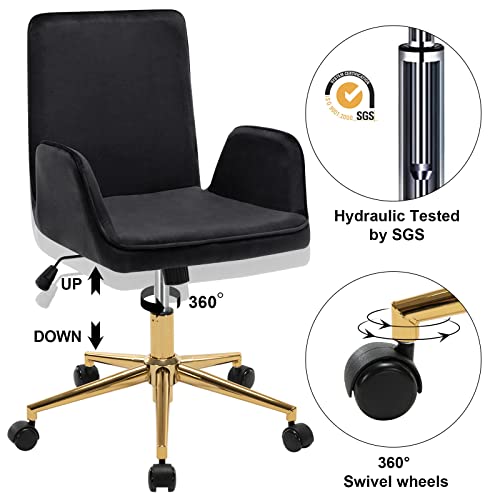 Furnimart Velvet Home Office Desk Chair, Swivel Desk Chair with Gold Base, Height Adjustable Task Chair with Wheels for Living Room Study Room and Bedroom Black