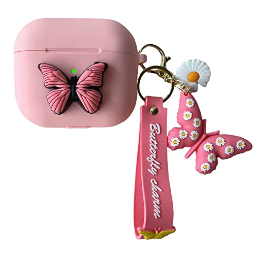 Slinbee Compatible with Airpods 3rd Gen 2021 Case Cover, Cute 3D Butterfly Fashion Cartoon Liquid Silicone Kids Teens Cases with Fun Cool Keychain for Apple Airpods 3rd Generation Charging Case (pink)