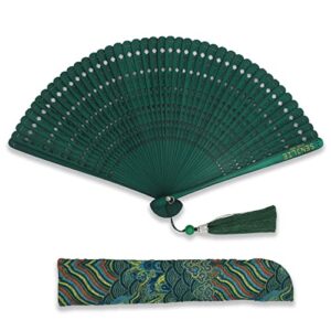 senjlie - original handmade chinese/japanese handmade bamboo vintage style folding hand fan with a pouch, oriental gift for men/women (green)