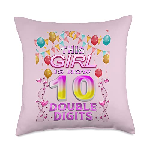 Happy 10 Birthday Girl, 10 Years Girl Birthday Tee This Girl is Now Double Digits, It's My 10th Birthday Throw Pillow, 18x18, Multicolor