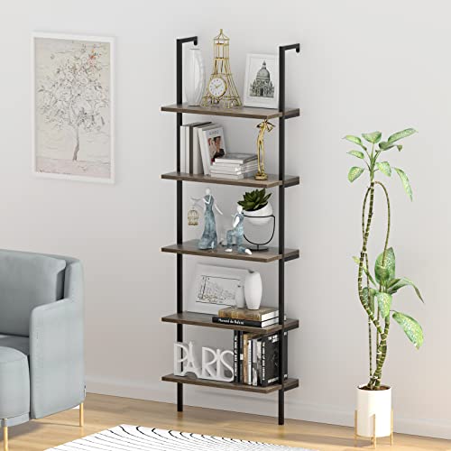 Bevfint 5-Tier Industrial Ladder Shelf Rustic Wall Mounted Metal Frame Bookcases, Multi-Use Open Bookshelf for Storage Organizer Plants Rack for Office and Home, Living Room, Bedroom