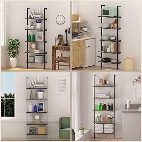 Bevfint 5-Tier Industrial Ladder Shelf Rustic Wall Mounted Metal Frame Bookcases, Multi-Use Open Bookshelf for Storage Organizer Plants Rack for Office and Home, Living Room, Bedroom