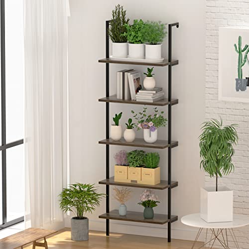 Bevfint 5-Tier Industrial Ladder Shelf Rustic Wall Mounted Metal Frame Bookcases, Multi-Use Open Bookshelf for Storage Organizer Plants Rack for Office and Home, Living Room, Bedroom