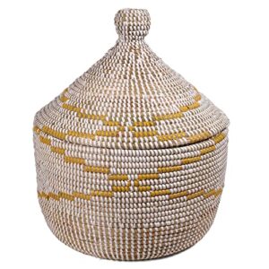 african fair trade handwoven warming basket, white/yellow