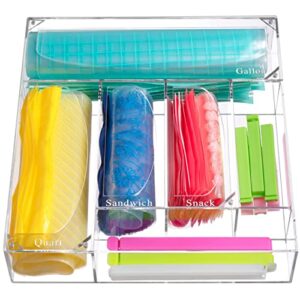 ziplock bag storage organizer acrylic brightroom drawer storage upgraded design gallon quart sandwich snack fit ziploc & all food bags brands, clear plastic kitchen baggie dispenser, 6 clips included