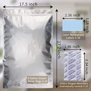 5 Gallon Mylar Bags with Oxygen Absorbers for Food Storage (20 Pack) Big Mylar Bags for Food Storage with 25 Single Sealed 2500CC Oxygen Absorbers & Labels Total 10.5 Mil Zipper Pouches SENDGREEN…