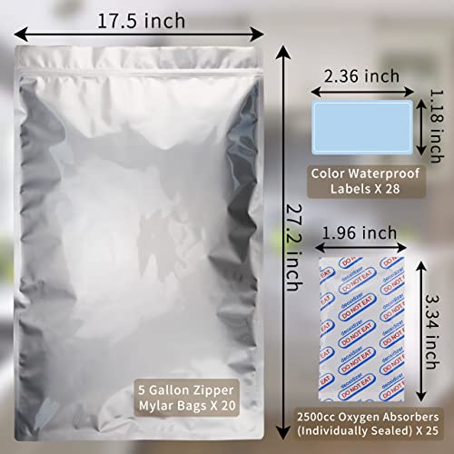 5 Gallon Mylar Bags with Oxygen Absorbers for Food Storage (20 Pack) Big Mylar Bags for Food Storage with 25 Single Sealed 2500CC Oxygen Absorbers & Labels Total 10.5 Mil Zipper Pouches SENDGREEN…