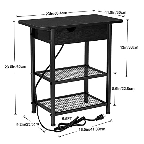 Mr IRONSTONE End Table with Charging Station, Flip Top, 2 Power Outlets & 2 USB Ports, Storage Shelf, Narrow Nightstand, Small Side Table for Living Room, Bedroom, Black