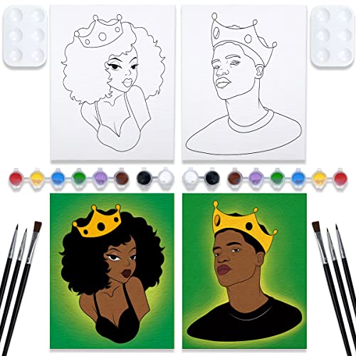 VOCHIC Paint and Sip Kit Pre Drawn for Painting for Adults Stretched Canvases for Painting Paint Party Kits Couples Games Date Night Ideas (2 Pack) Painting Canvas Afro Queen King 8x10 Paint Art Set