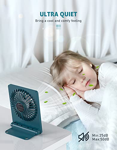 FARADAY Small Table Fans Rechargeable Portable 180°Tilt Folding Desk Fans Battery Operated Personal Fan Ultra Quiet For Home Bedroom Office Desktop, 3 Speeds (Deep Green)