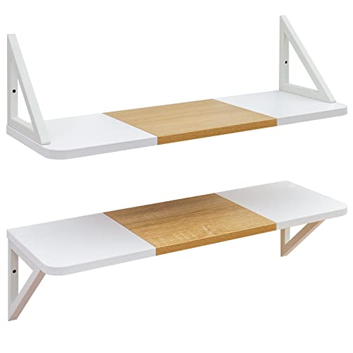 TEAMIX Set of 2 White Floating Shelves 23.6 inch, Wood Wall Mounted Book Shelf Hanging Shelf Organizer with Heavy-Duty Brackets for Living Room, Bathroom, Kitchen, Bedroom (White+Maple)