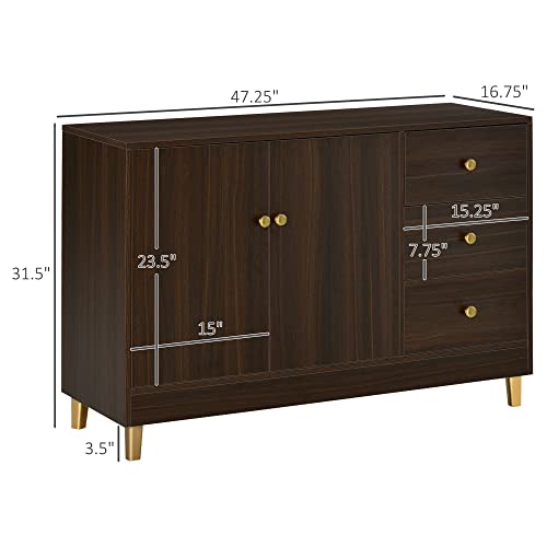 HOMCOM Modern Sideboard, Storage Cabinet, Accent Cupboard with 3 Drawers, Adjustable Shelf for Kitchen, Living Room, Brown