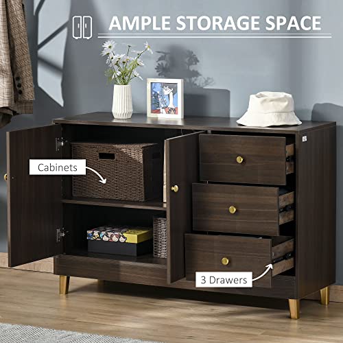 HOMCOM Modern Sideboard, Storage Cabinet, Accent Cupboard with 3 Drawers, Adjustable Shelf for Kitchen, Living Room, Brown