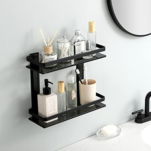 KES 2 Tier Bathroom Glass Shelves, Black Extra Thick Tempered Glass Rectangular, Aluminum Double Glass Shelves Wall Mounted, BGS4126B-BK