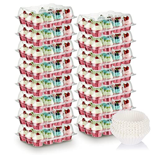 Farielyn-X (12 Pack x 15 Sets) Stackable Cupcake Carrier Holders with 200 Pack Cupcake Liners, Plastic Cupcake Boxes for 12 Cupcakes, Clear Disposable Cupcake Containers, Tall Dome Lid Cupcake Trays