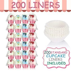 Farielyn-X (12 Pack x 15 Sets) Stackable Cupcake Carrier Holders with 200 Pack Cupcake Liners, Plastic Cupcake Boxes for 12 Cupcakes, Clear Disposable Cupcake Containers, Tall Dome Lid Cupcake Trays