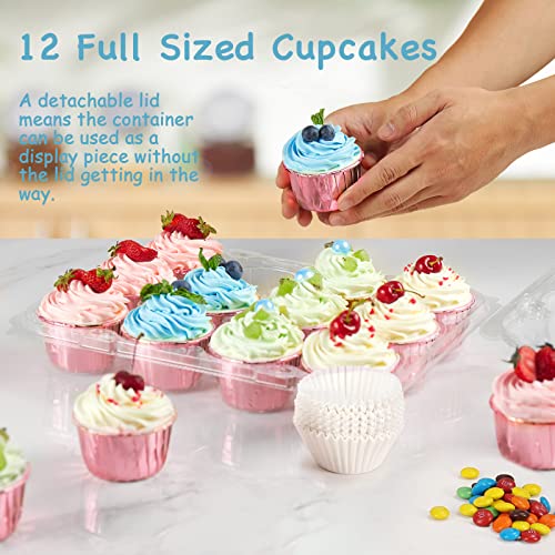 Farielyn-X (12 Pack x 15 Sets) Stackable Cupcake Carrier Holders with 200 Pack Cupcake Liners, Plastic Cupcake Boxes for 12 Cupcakes, Clear Disposable Cupcake Containers, Tall Dome Lid Cupcake Trays