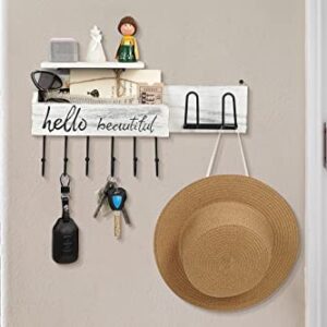 JAZUIHA Mail and Key Holder 2-Tier, Mail Organizer Wall Mount with 6 Hooks, Wooden Wall Organizer Hat Rack, Storage Hanging Shelf for Home Decor