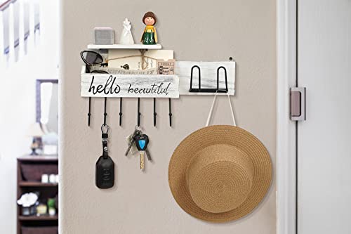 JAZUIHA Mail and Key Holder 2-Tier, Mail Organizer Wall Mount with 6 Hooks, Wooden Wall Organizer Hat Rack, Storage Hanging Shelf for Home Decor