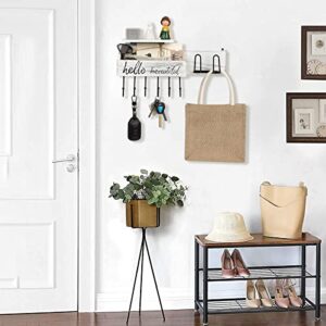 JAZUIHA Mail and Key Holder 2-Tier, Mail Organizer Wall Mount with 6 Hooks, Wooden Wall Organizer Hat Rack, Storage Hanging Shelf for Home Decor