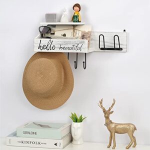 JAZUIHA Mail and Key Holder 2-Tier, Mail Organizer Wall Mount with 6 Hooks, Wooden Wall Organizer Hat Rack, Storage Hanging Shelf for Home Decor