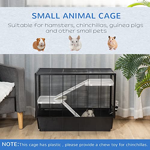 PawHut Hamster Cage, 3-Tier Guinea Pig Cage, Pet Play House for Chinchillas with Food Dish Water Bottle, Ramps, Ledges, 31.5", Black