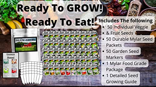 50 Vegetable & Fruit Seeds for Planting Your Outdoor & Indoor Home Seed Garden Gear. 12,500 Seeds, 50 Seed Markers, Growing Guide, & Survival Package. Gardening Heirloom Non-GMO Veggie Seed B&KM Farms