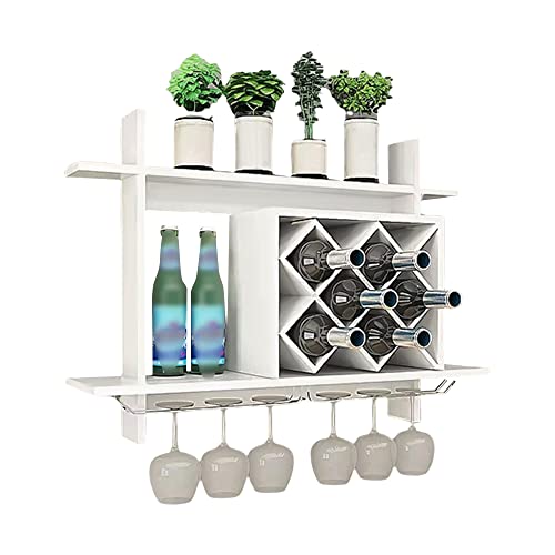 WANLECY Wall Mounted Wine Rack, 6 Bottles Wooden Wine Storage Display Rack with Metal Glass Holder, Modern Diamond-Shaped Wine Bottle Glass Holder Shelf for Wine Bottles, Liquor, Champagne