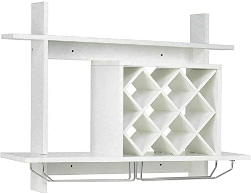 WANLECY Wall Mounted Wine Rack, 6 Bottles Wooden Wine Storage Display Rack with Metal Glass Holder, Modern Diamond-Shaped Wine Bottle Glass Holder Shelf for Wine Bottles, Liquor, Champagne