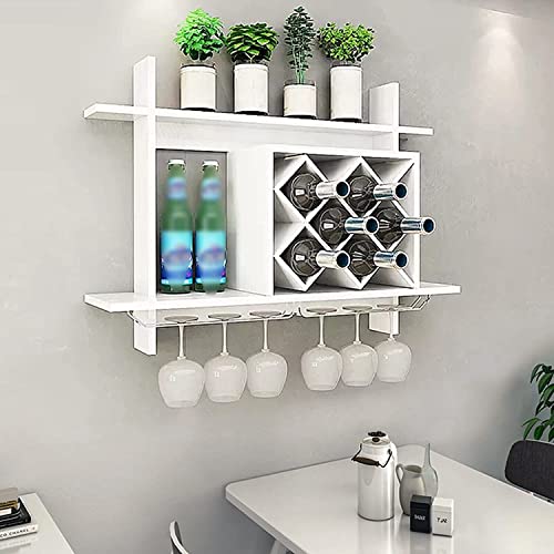 WANLECY Wall Mounted Wine Rack, 6 Bottles Wooden Wine Storage Display Rack with Metal Glass Holder, Modern Diamond-Shaped Wine Bottle Glass Holder Shelf for Wine Bottles, Liquor, Champagne