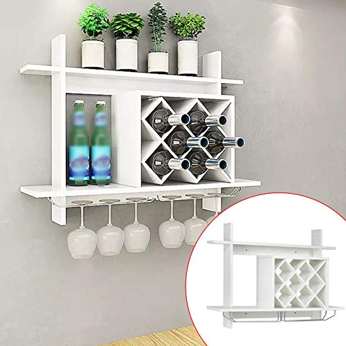 WANLECY Wall Mounted Wine Rack, 6 Bottles Wooden Wine Storage Display Rack with Metal Glass Holder, Modern Diamond-Shaped Wine Bottle Glass Holder Shelf for Wine Bottles, Liquor, Champagne