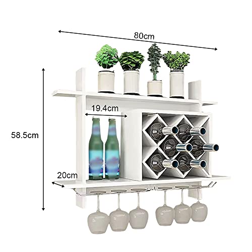 WANLECY Wall Mounted Wine Rack, 6 Bottles Wooden Wine Storage Display Rack with Metal Glass Holder, Modern Diamond-Shaped Wine Bottle Glass Holder Shelf for Wine Bottles, Liquor, Champagne