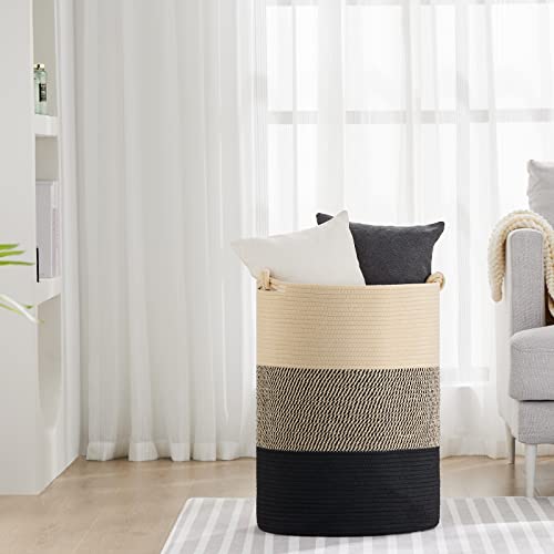 YOUDENOVA Cotton Rope Laundry Hamper, 72L Woven Collapsible Laundry Basket - Toy & Clothes Storage Basket for Blankets, Laundry Room Organizing, Bedroom Storage, Clothes Hamper Black & Brown